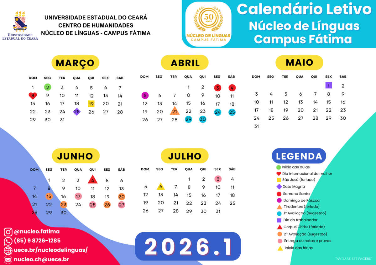 CALENDÁRIO LETIVO 2026.1 – Núcleo de Línguas – Campus Fátima