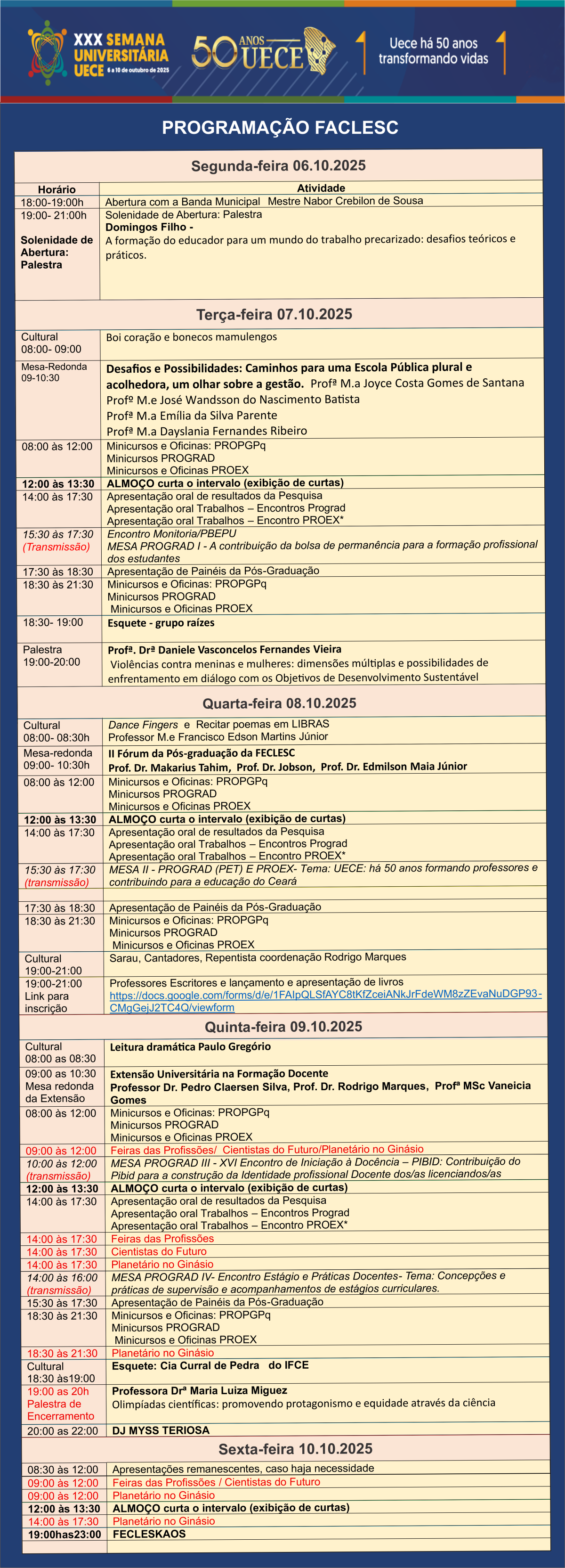 PROGRAMAÇÃO FECLESC SU 2025 – Semana Universitária